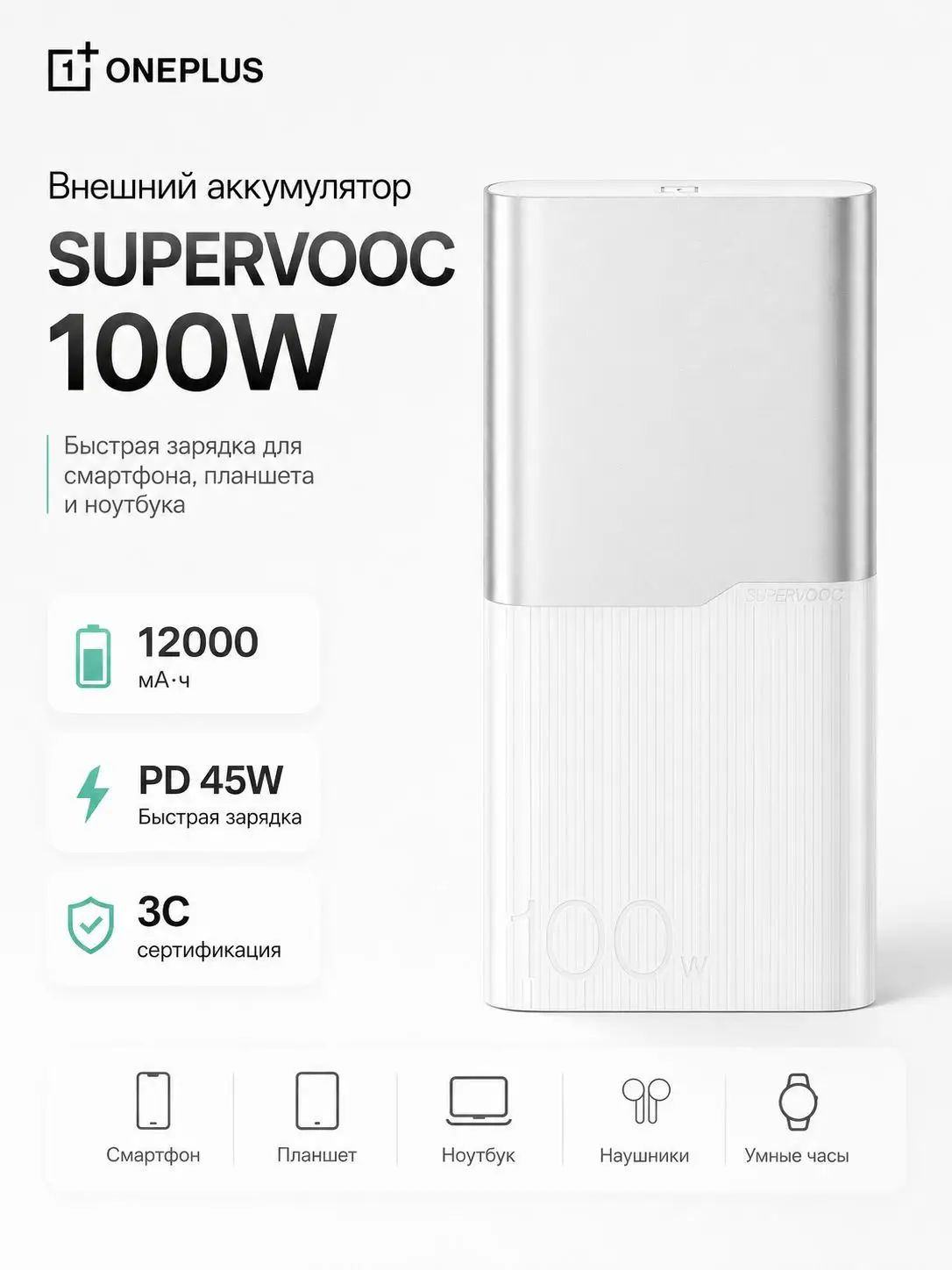 Внешний аккумулятор OnePlus SUPERVOOC 100W 12000 мАч, повербанк с быстрой зарядкой PD 45W для телефона, планшета, ноутбука, наушников и часов, 3C сертификация