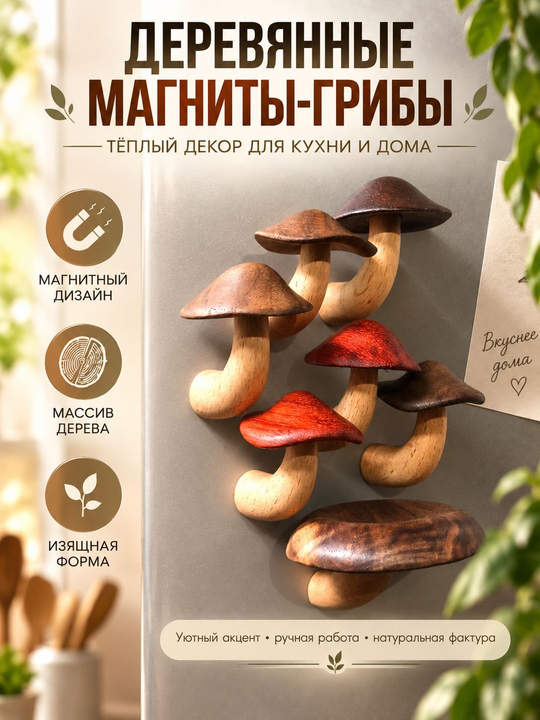 Деревянные магниты-грибы из массива дерева, магнитный дизайн, изящная форма для декора кухни и дома