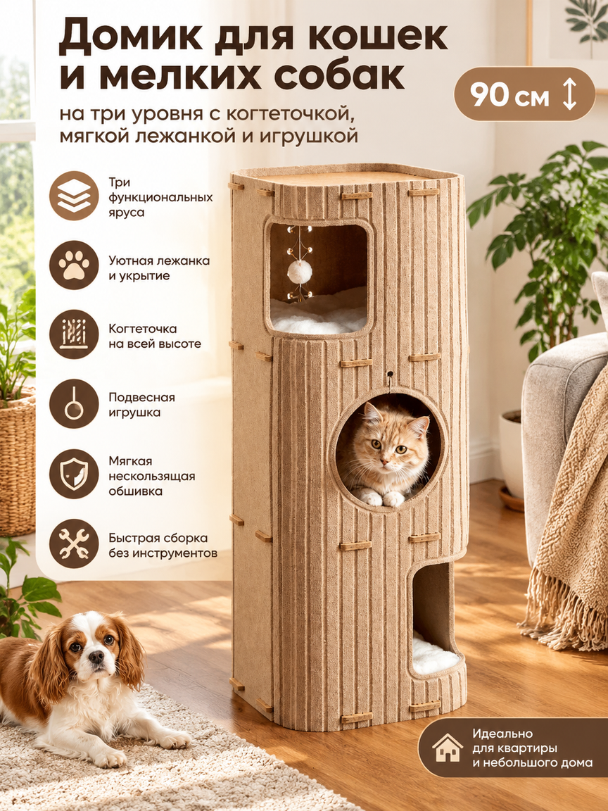 Домик для кошек и мелких собак на три уровня с когтеточкой, мягкой лежанкой и игрушкой, 90 см