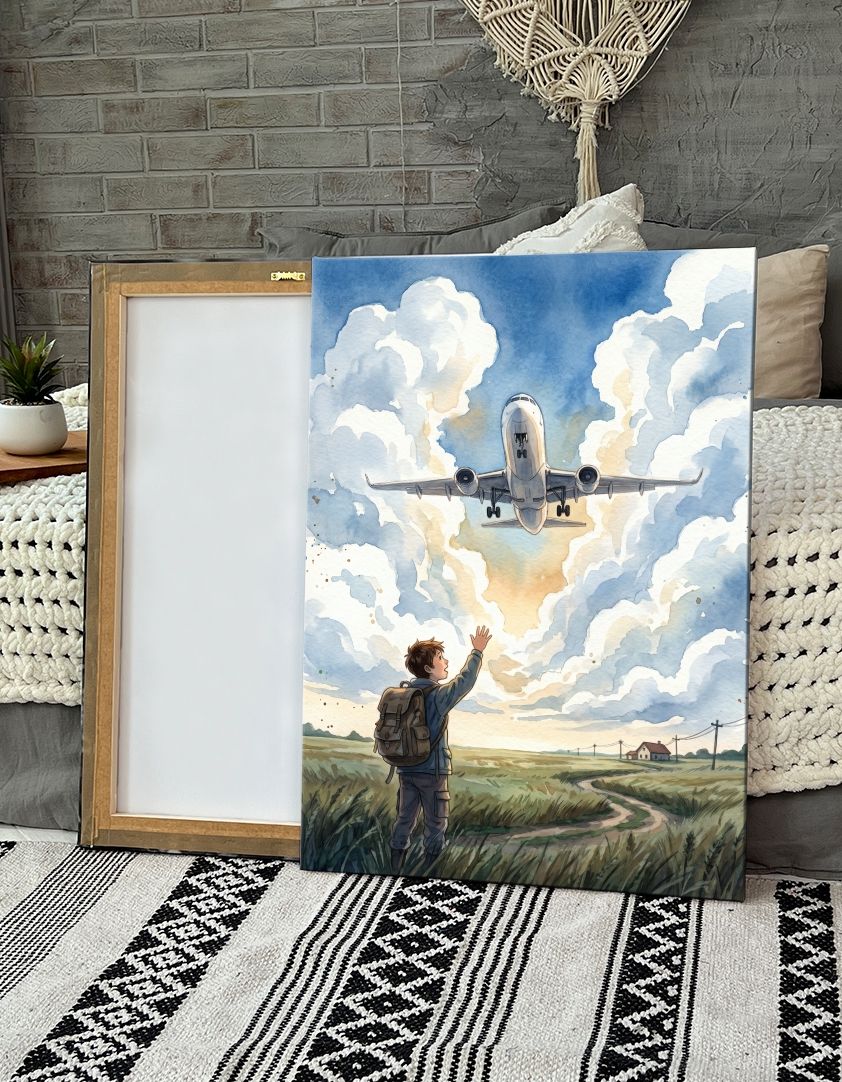 Картина на холсте (самолет, мальчик, облака, небо, поле, трава, рюкзак) 20x30 см. Интерьерная на стену. Украшение в комнату. В подарок.