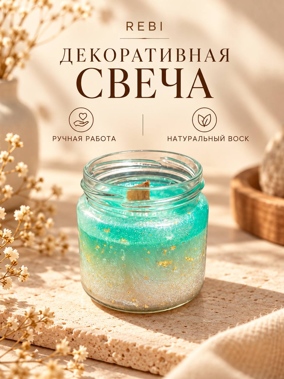 Декоративная свеча REBI с деревянным фитилём, соевый воск, ручная работа