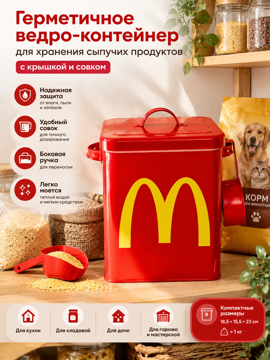 Красное ведро-контейнер для сыпучих продуктов с герметичной крышкой и совком, 6 литров