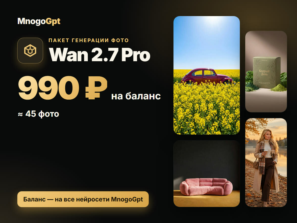 Нейросеть для фото Wan 2.7 Pro — без подписки, баланс 990 ₽ в кабинете MnogoGpt, ≈45 фото