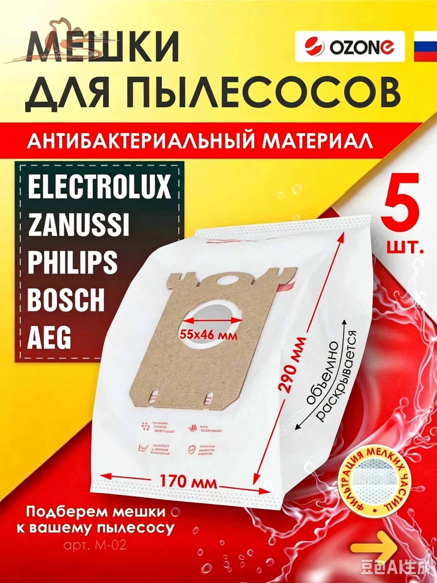 Набор из 5 синтетических мешков-пылесборников S-Bag 3 л, для Electrolux, тип M, 5 шт