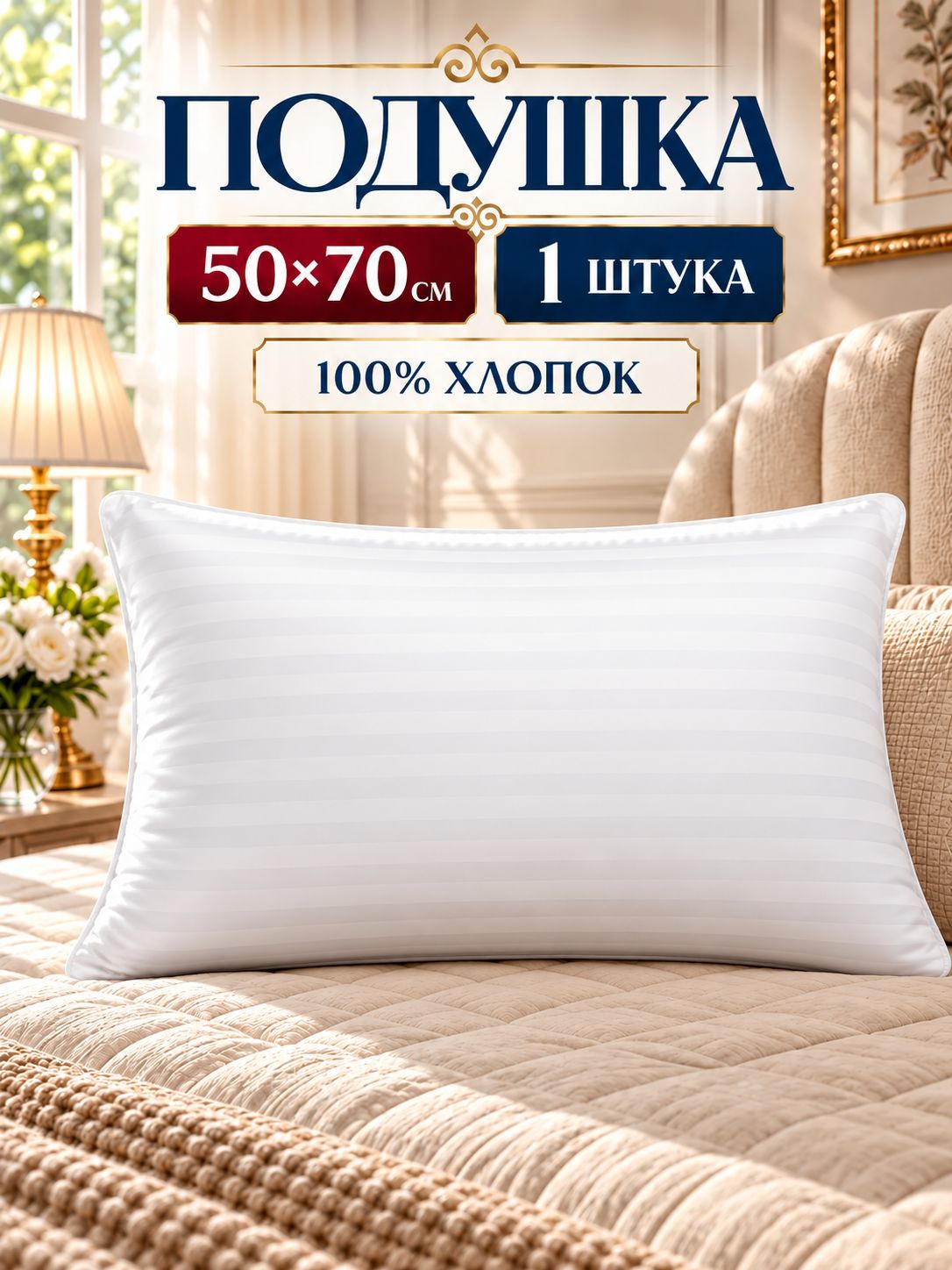 Асика комфорт Подушка 50x70 см 1 шт хлопковое волокно Средняя жесткость гипоаллергенная