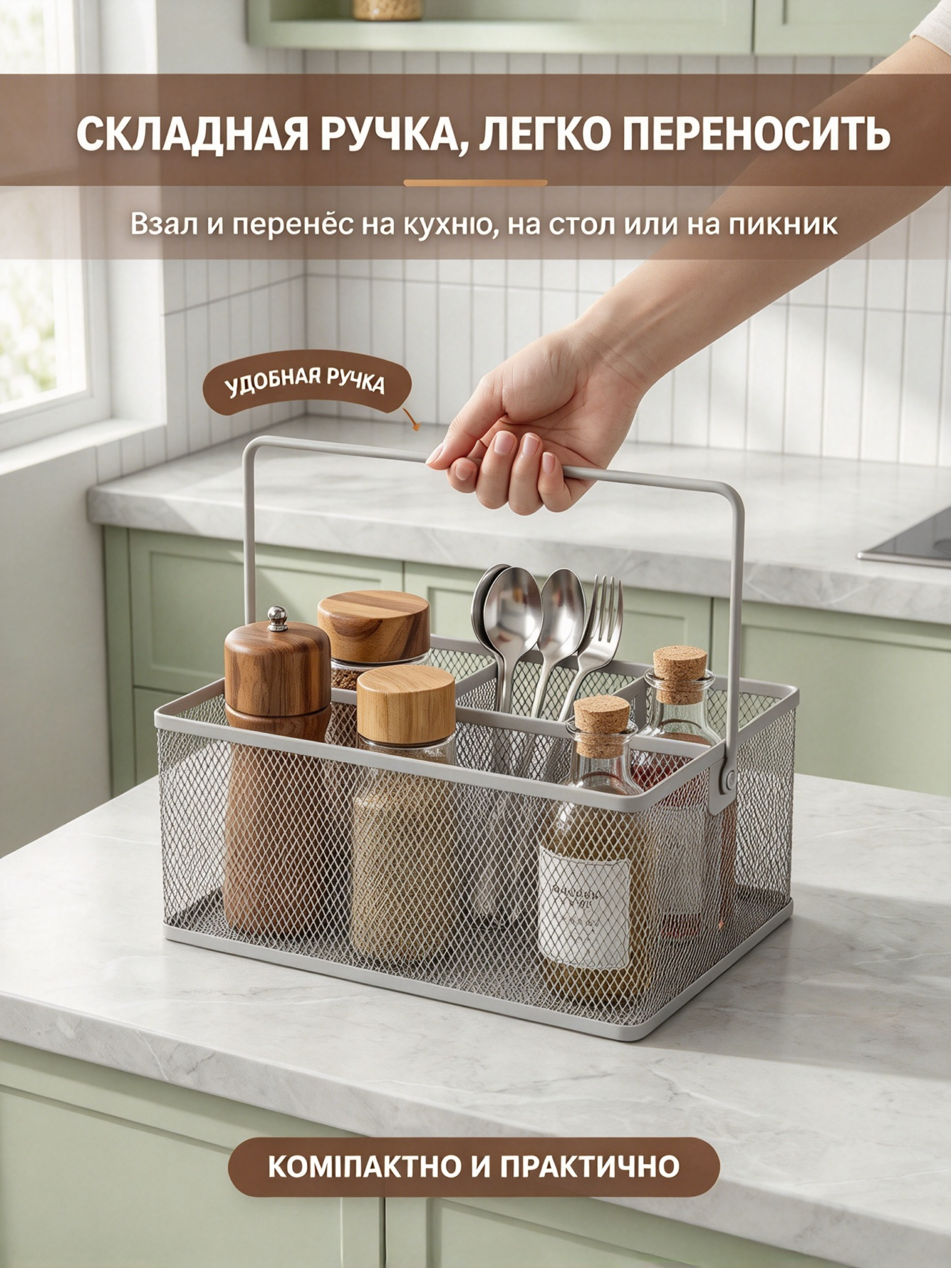 Белая сетчатая корзина для хранения, органайзер с 4 секциями и ручкой, для кухни и офиса