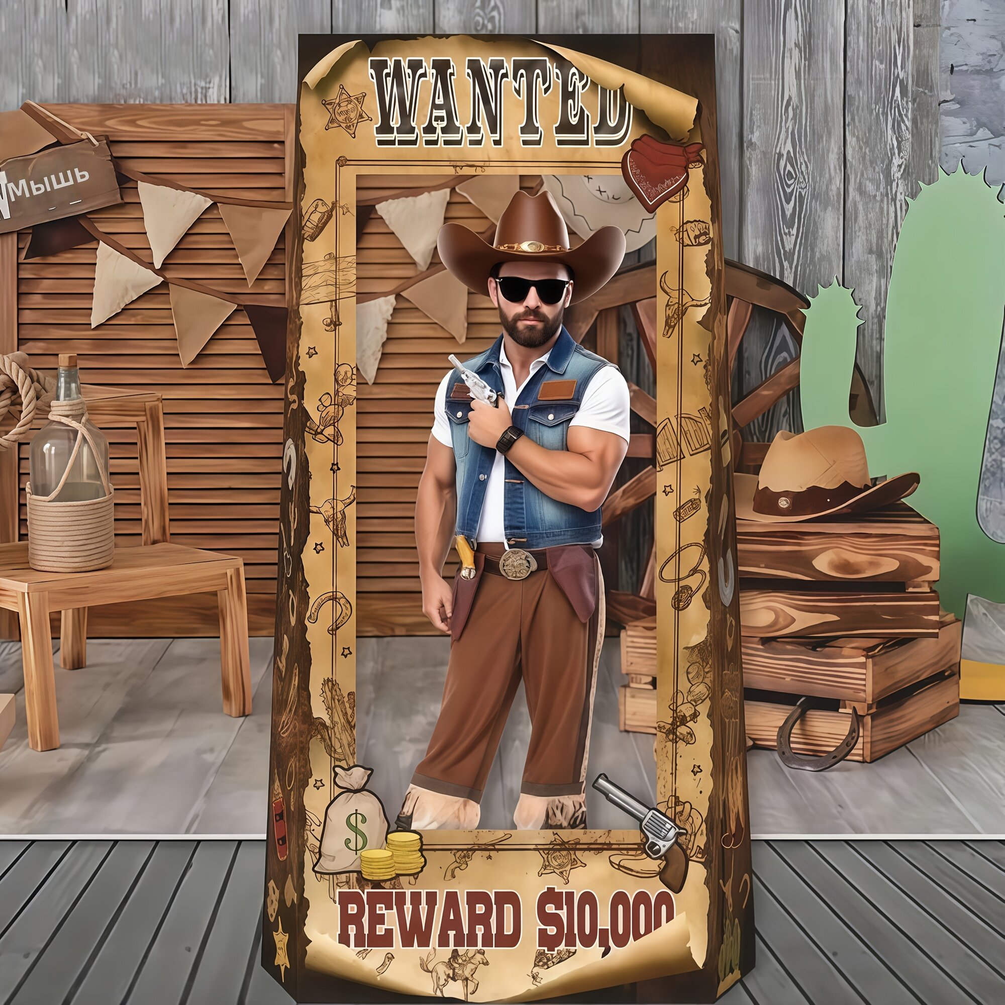 Декорация-вырезка на стойке в стиле Дикого Запада Wanted Poster 35,4×70,9 дюйма для вечеринки и фотозоны