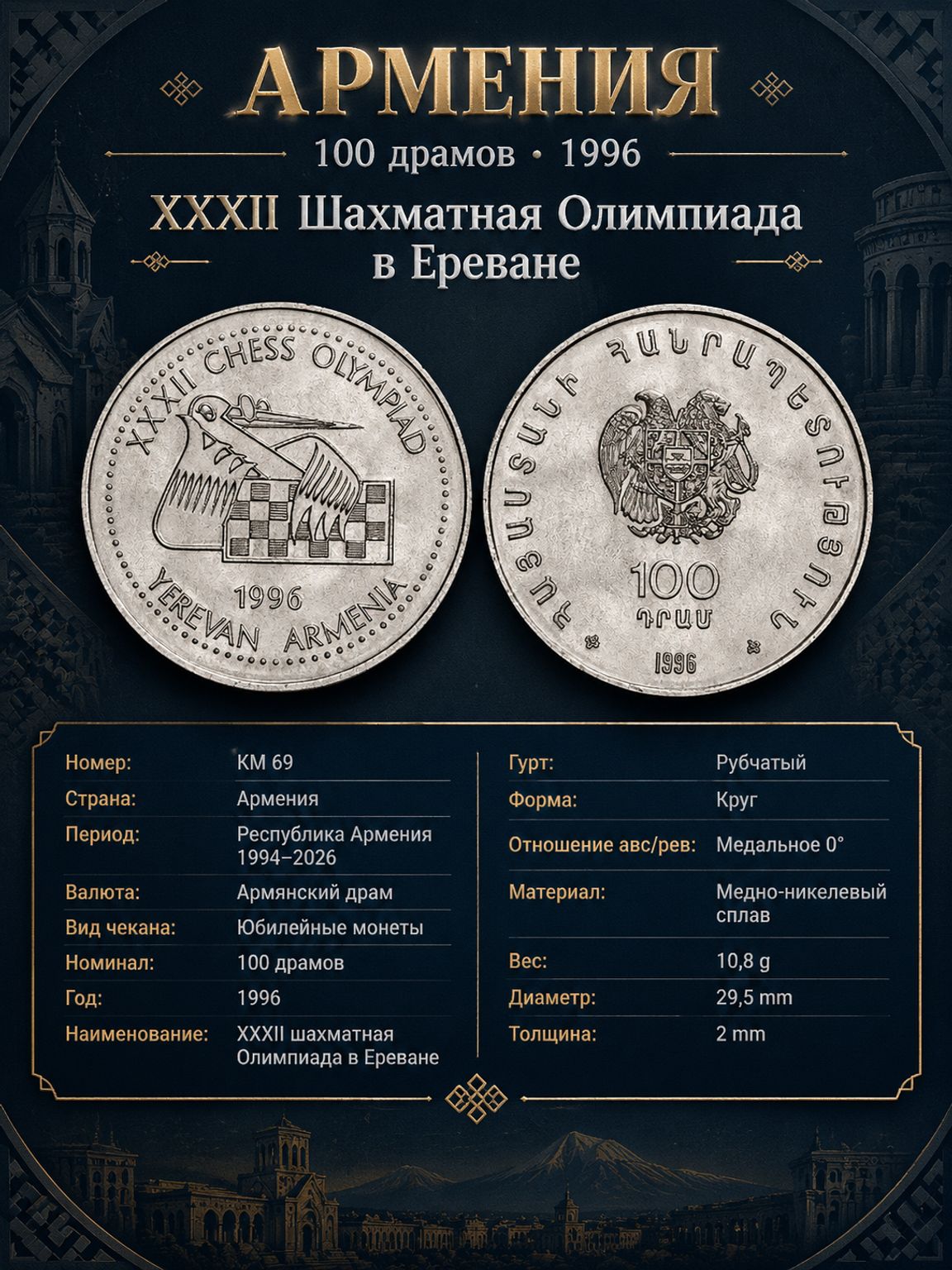 Армения 100 драмов, 1996 Шахматная Олимпиада в Ереване XF