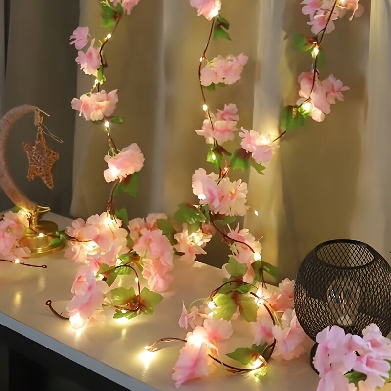 Гирлянда светодиодная с искусственными цветами сакуры, 20 LED, 2 м, на батарейках, розовая с листьями, для украшения интерьера и праздника, батарейки не входят в комплект