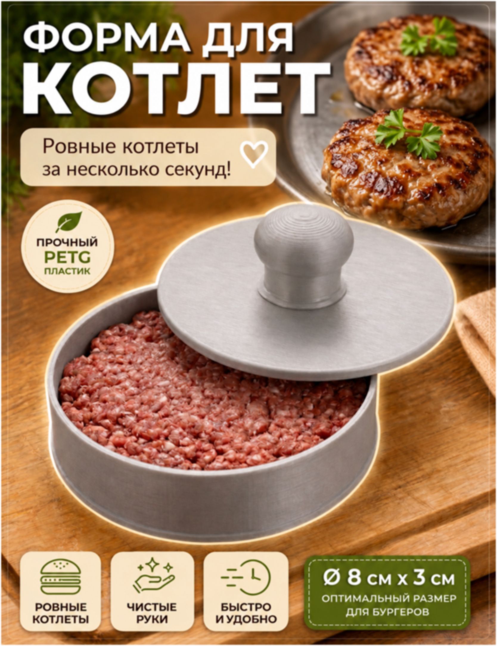 Пресс-форма для котлет / круг 8х3см серый