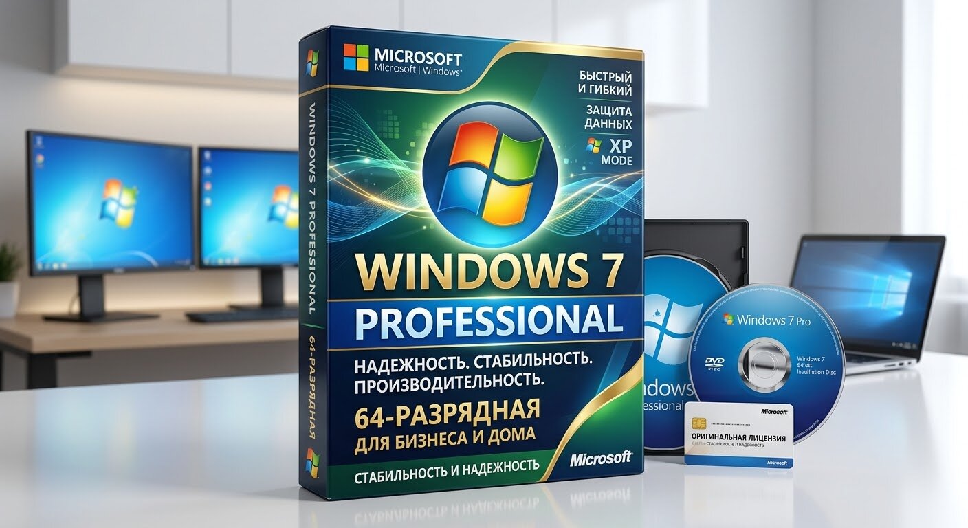Microsoft Windows 7 Professional 64, ключ активации на 1 ПК, бессрочный, мультиязычность