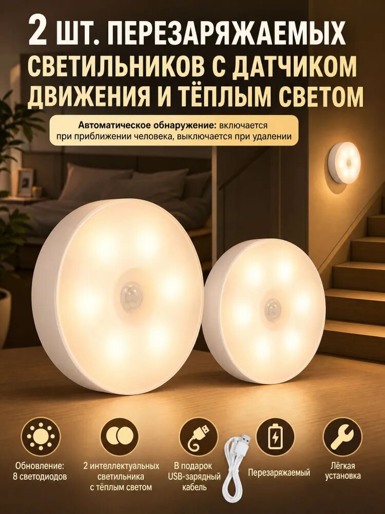 Круглый ночник с датчиком движения и света, перезаряжаемый магнитный светильник для шкафа и детской, мягкий автоматический свет