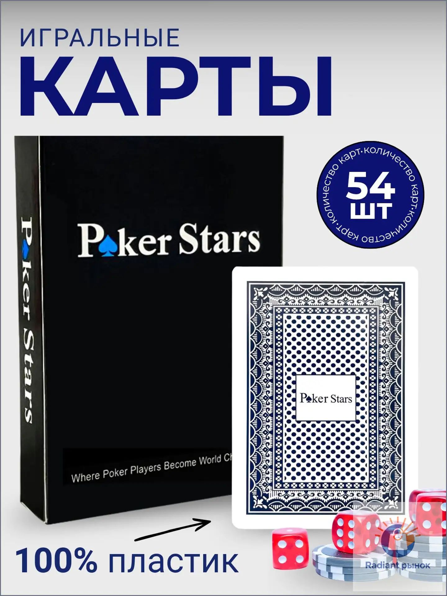 Карты игральные пластиковые для покера Poker Stars, 54 штуки.
