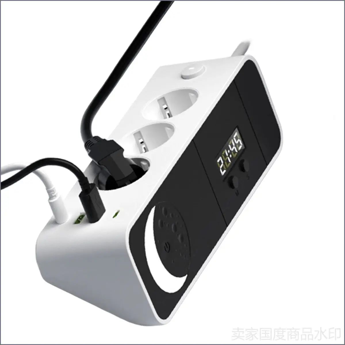 Угловой настольный сетевой удлинитель 7 в 1, с 2 м кабелем, 2 usb/2 type-c для быстрой зарядки, с небольшим ночником и встроенными часами, вилка по стандарту eu.