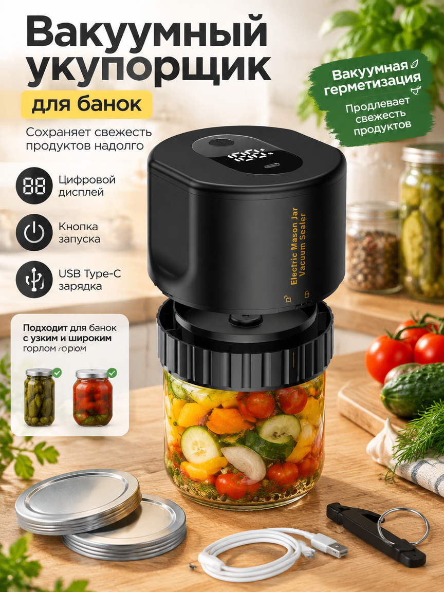 Вакуумный укупорщик для банок с цифровым дисплеем, USB-зарядкой и крышками, чёрный