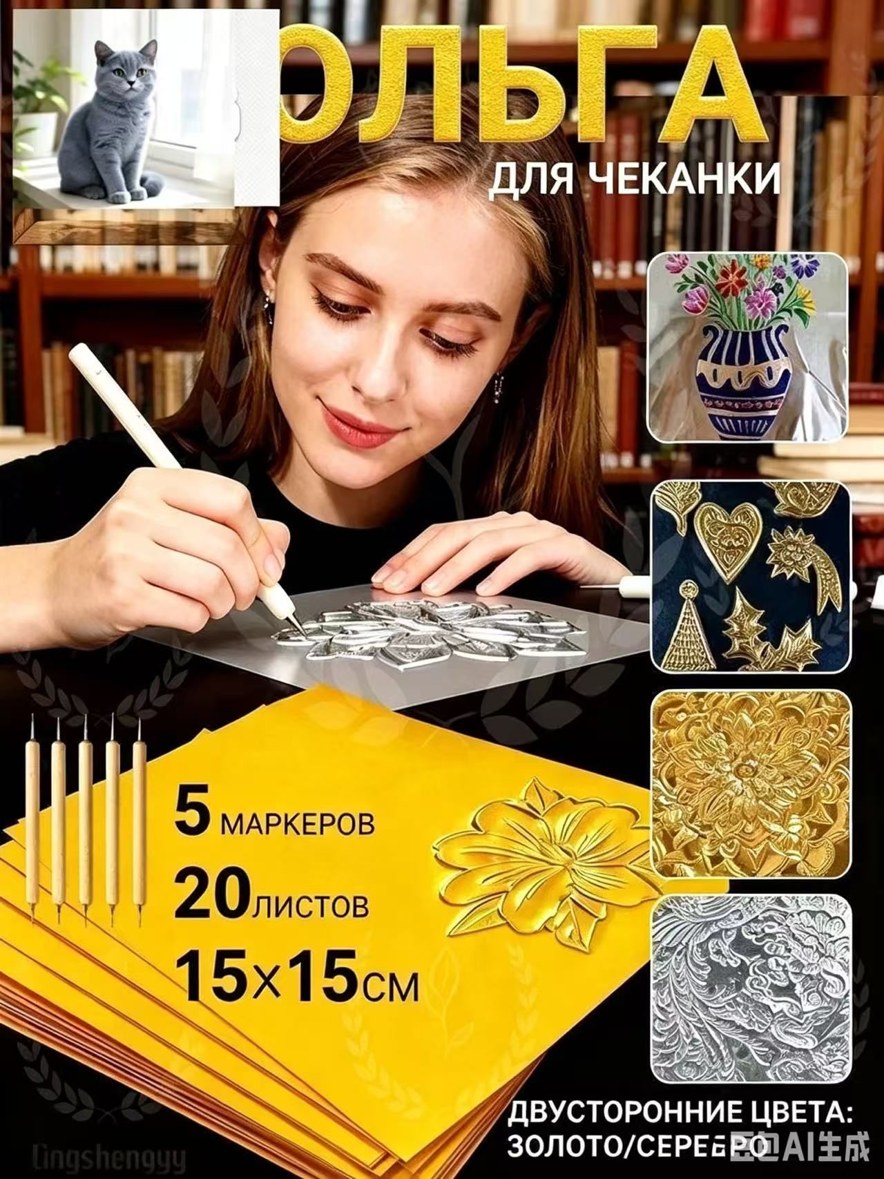 Фольга для чеканки и творчества, двусторонняя золотистая и серебристая, 20 листов 15x15 см, 70 мкм, для рукоделия, декора и художественных работ
