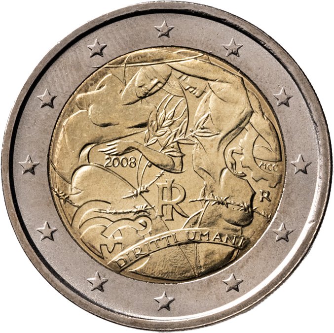 Италия 2 евро euro 2008 "60-летие принятия Всеобщей декларации прав человека", Биметалл, в сохранности UNC