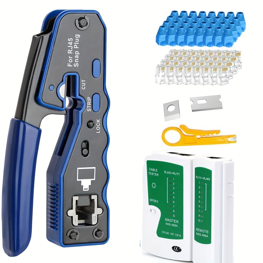 Набор для обжима коннекторов RJ45 для CAT5/CAT5e/CAT6, синий, с тестером сетевого кабеля, стриппером, 50 коннекторами CAT5e и защитными колпачками