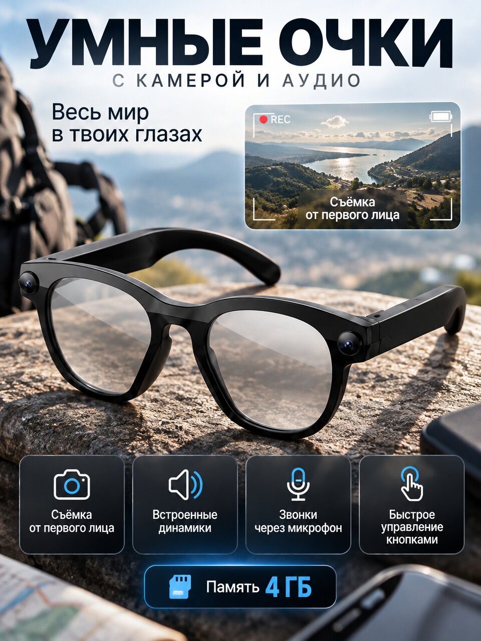 Умные очки с ИИ, камера 8MP, видео 1080р солнцезащитные, для повседневного использования