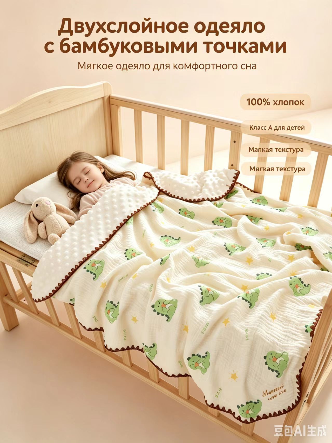 Плед 140x100 сантиметров хлопок двусторонний динозавры светло-бежевый, мягкий муслин, для детской
