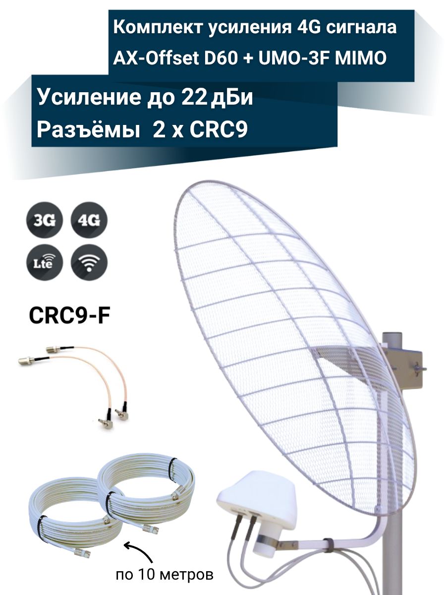 Усилитель интернет сигнала 2G/3G/WiFi/4G AX-Offset D60 с облучателем UMO-3F mimo, кабелем 10м и пигтейлами CRC9