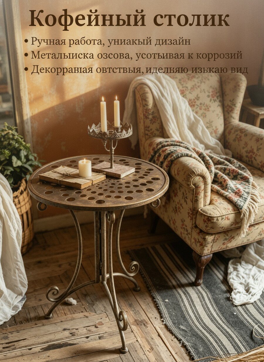 Журнальный стол, Небольшой круглый столик с резными элементами, Металлический материал,50х55 см