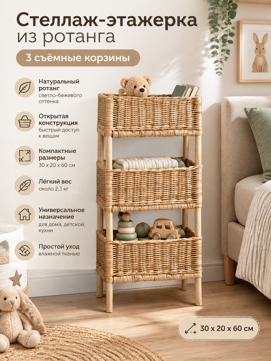 Стеллаж-этажерка из ротанга, 3 съёмные корзины, светло-бежевый, 30x20x60 см, для хранения