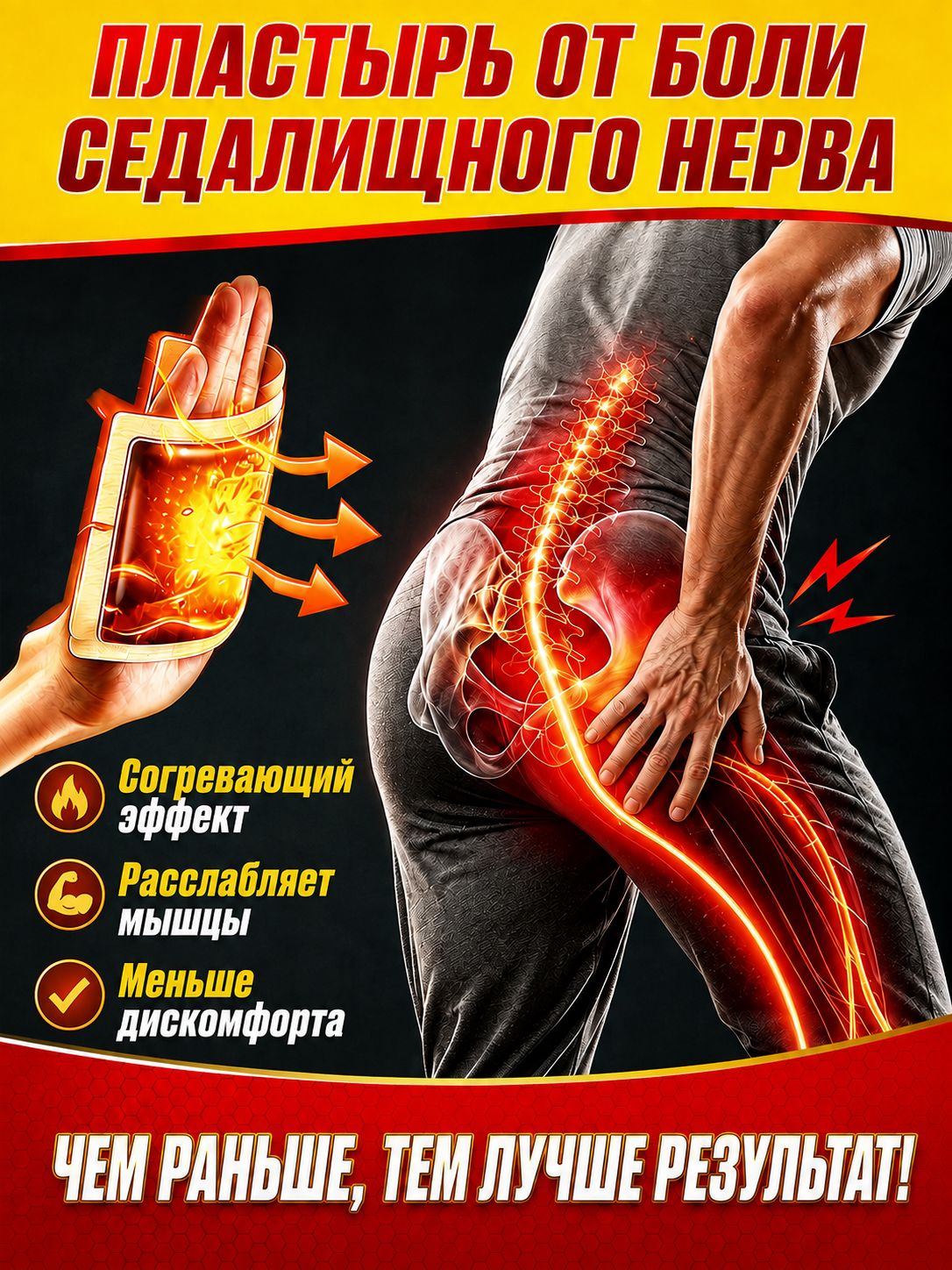 Эффективный ухаживающий пластырь для тазобедренного сустава, поддерживает комфорт при дискомфорте в области бедра, 12 пластырей в упаковке