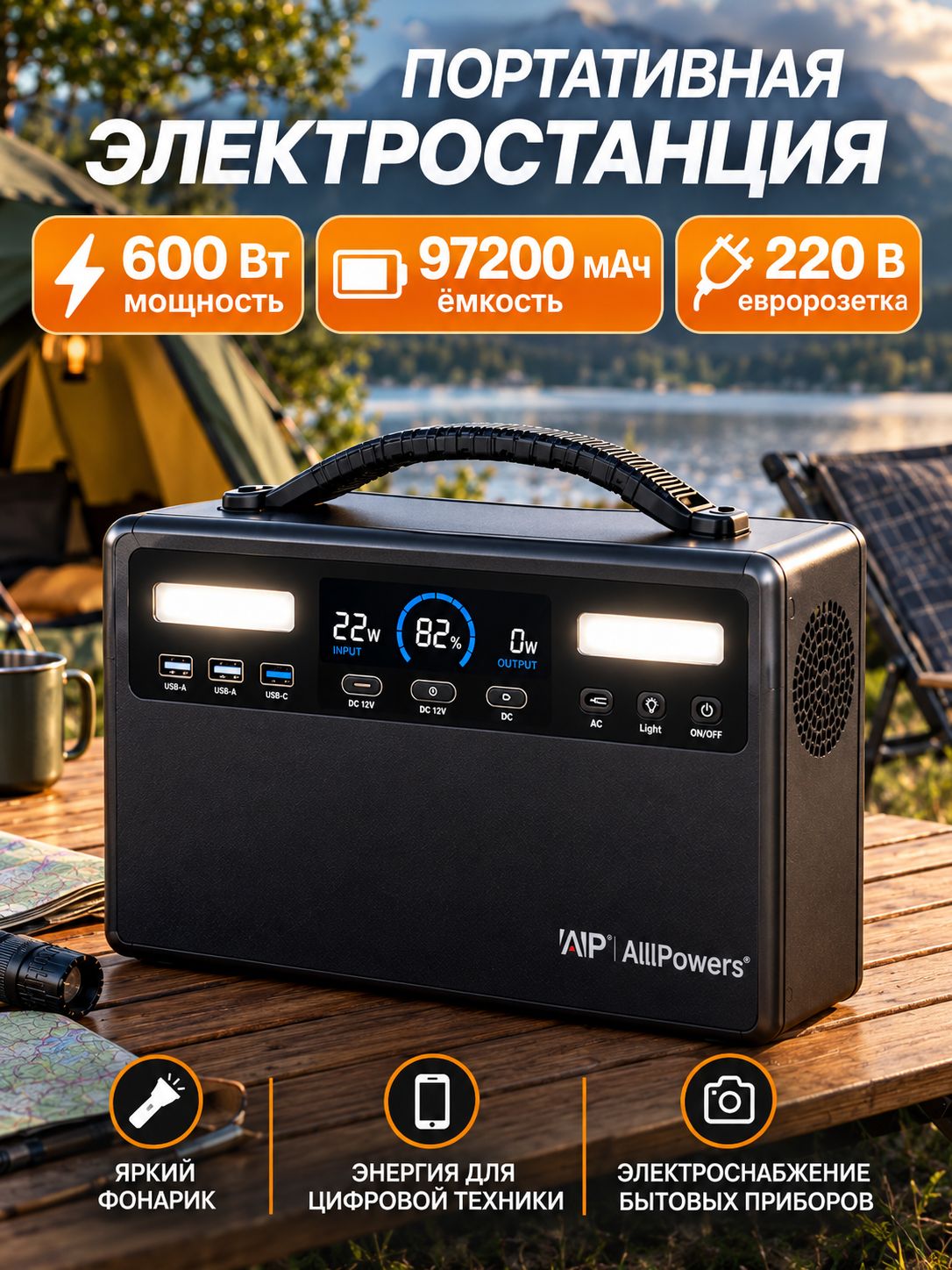 Портативная электростанция 220 в Allpowers T600, черная/ 360 Втч/97 200 мАч