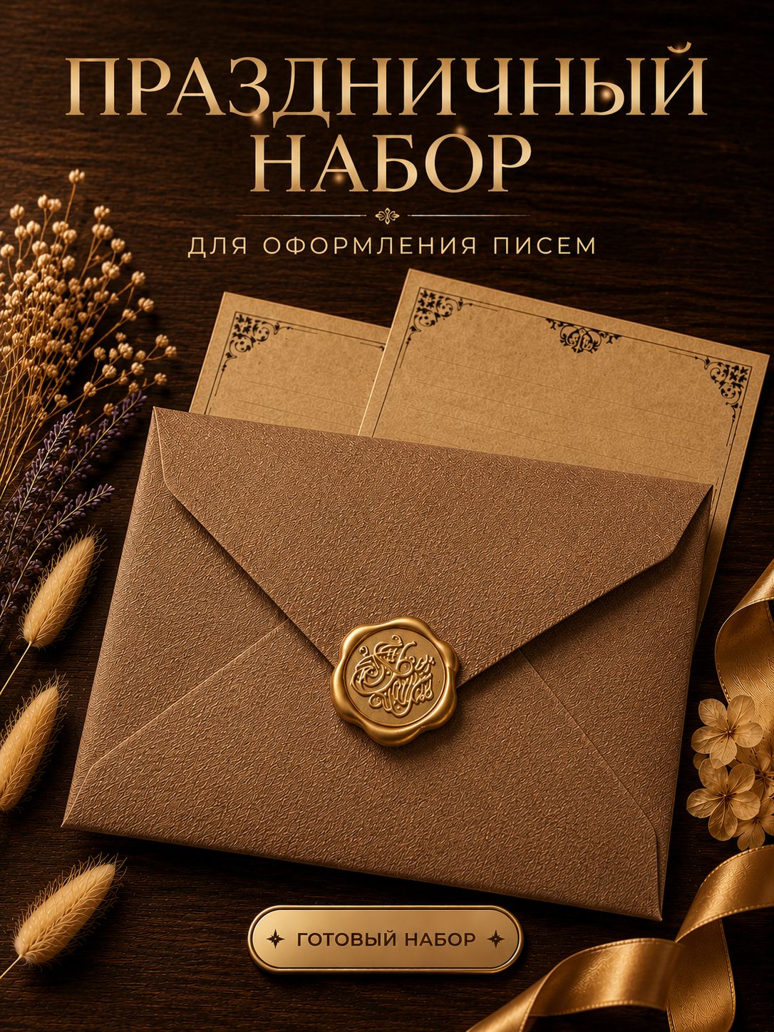 Конверт подарочный для денег и поздравлений с печатью и бумагой для письма коричневый