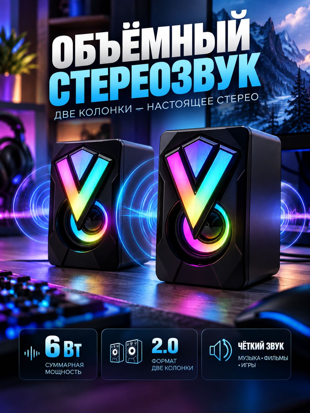 Колонки для компьютера (k2039) с RGB-подсветкой (формат 2.0) (L-75мм, D- 65мм, H-100мм)