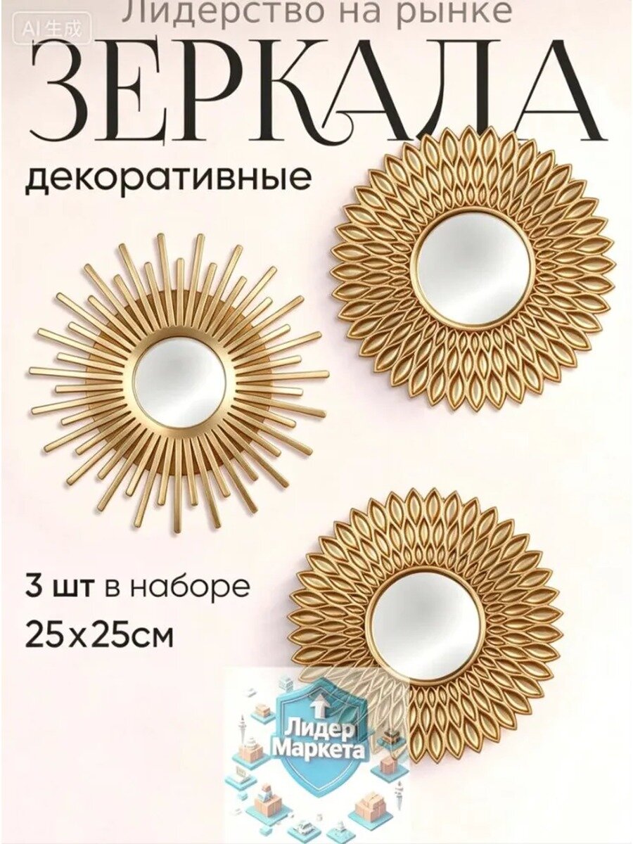 Настенное зеркало "Зеркала", 3 шт, круглое, с рамой, золотой цвет, ABS пластик и стекло