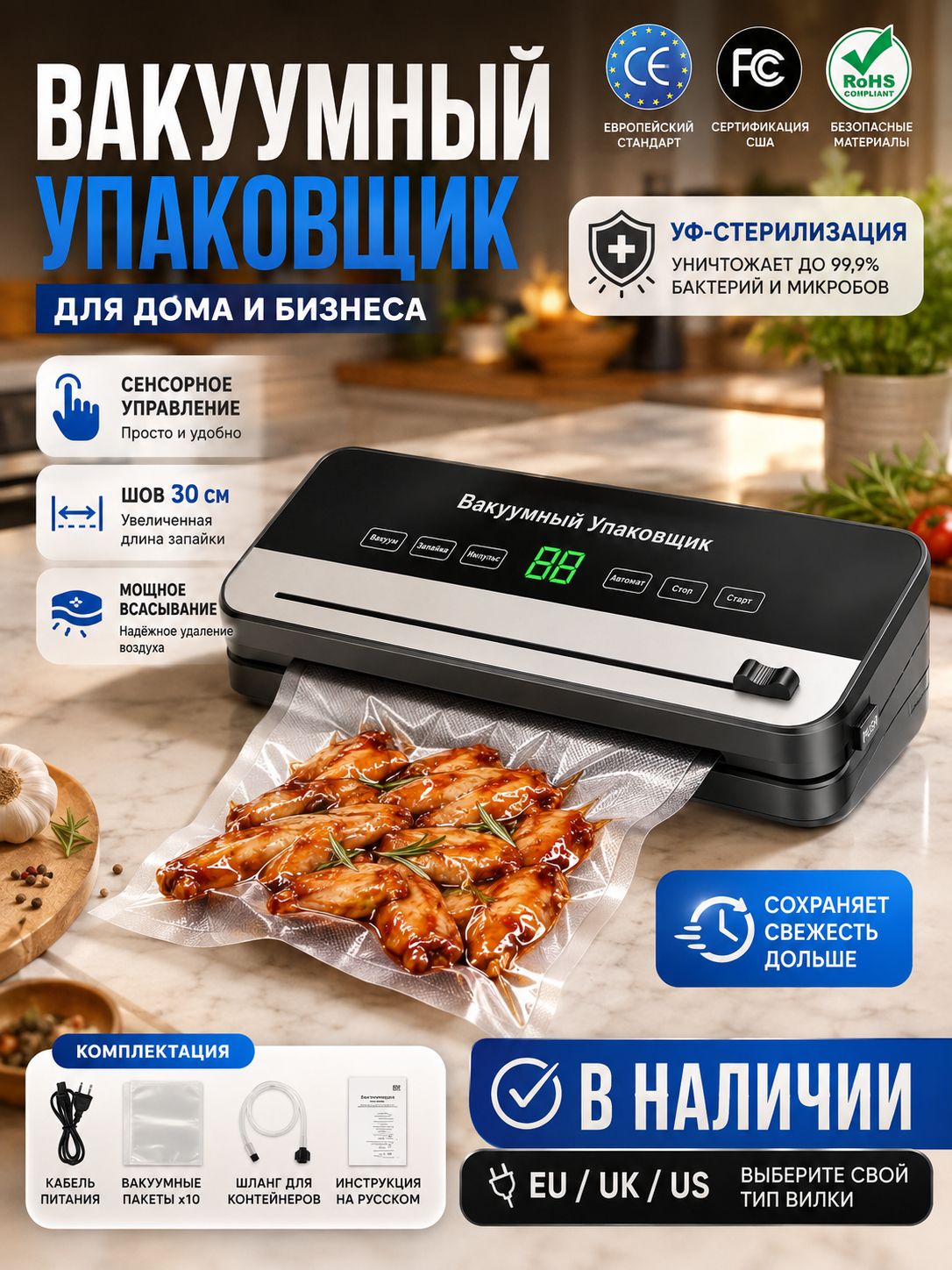 NARRAZIONE Вакууматор для продуктов VS2203S, вакуумный упаковщик + пакеты 10 штук, с запайкой с пакетами с резаком