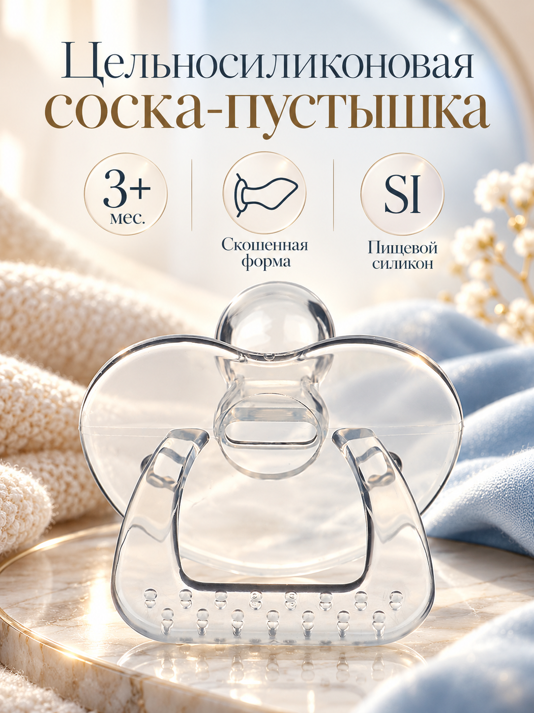 Соска - пустышка цельносиликоновая ортодонтическая Крошка Я, от 3 мес, прозрачный