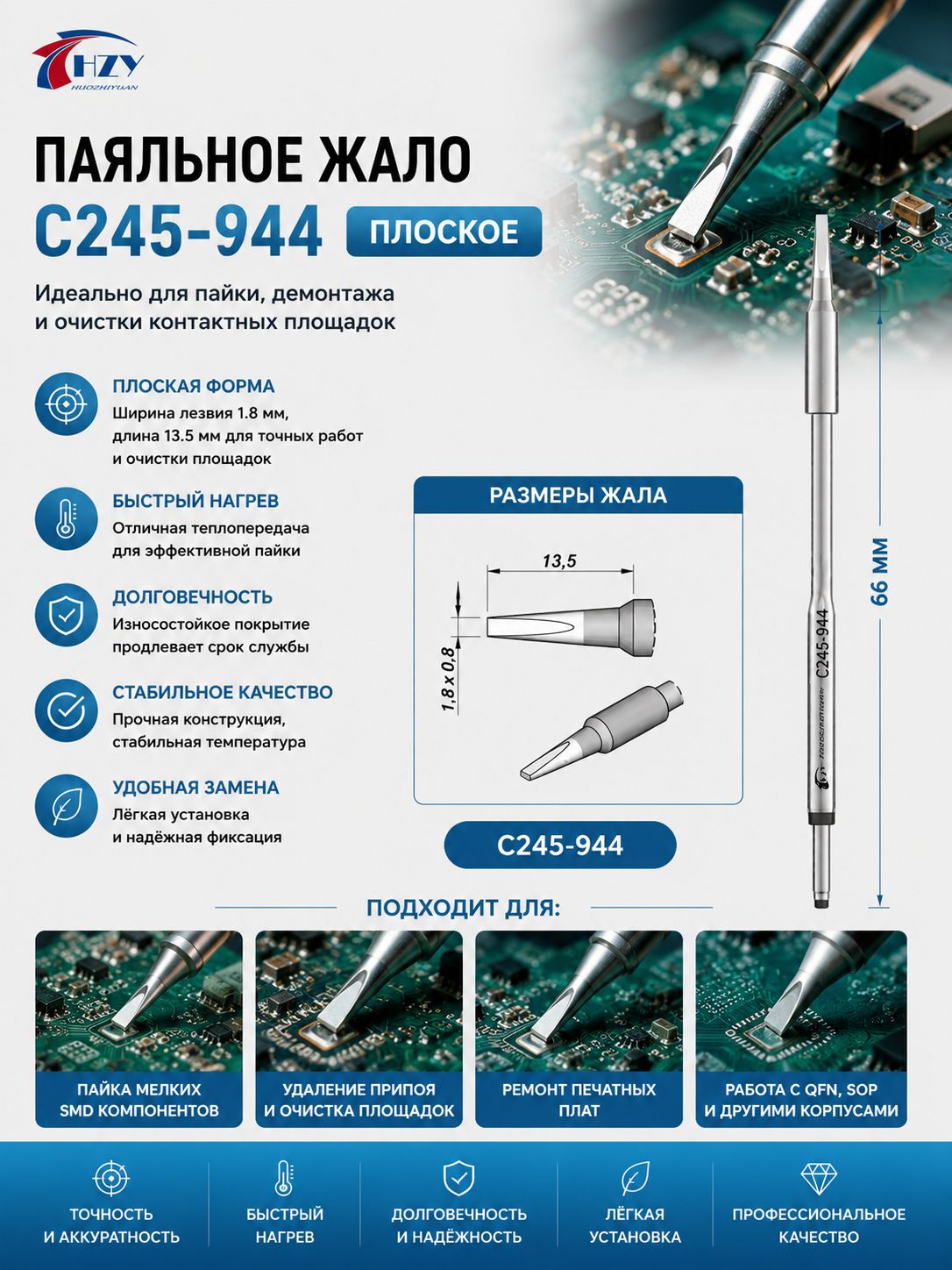 Паяльное жало C245-944 плоское 1.8 мм для паяльной станции JBC C245, наконечник для SMD, QFN, SOP, демонтажа и ремонта печатных плат