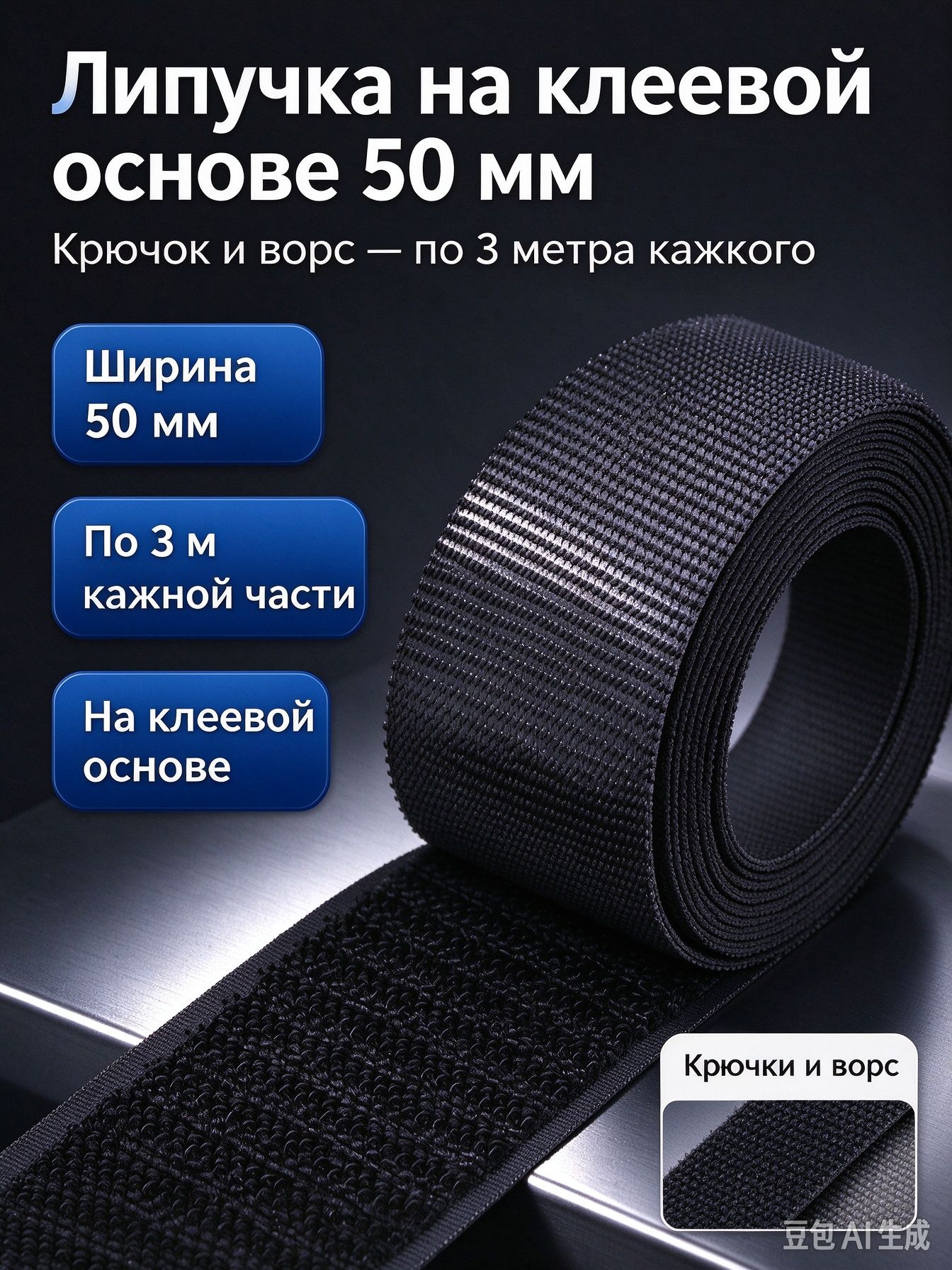 Лента липучка на клеевой основе 50 мм, велкро крючок и ворс, каждая сторона по 3 м, черная нейлоновая самоклеящаяся застежка для авто, штор и р