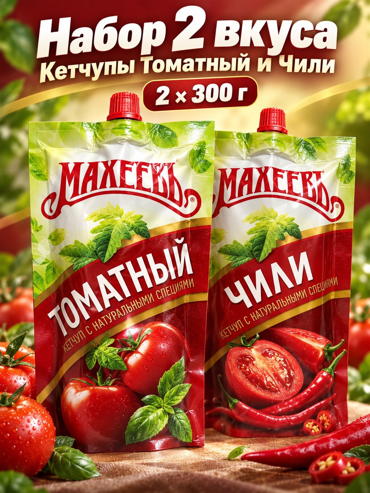 Набор соусов Махеевъ Кетчупы Томатный и Чили, 2 вида по 300 г: кетчуп томатный, кетчуп чили, соусы к мясу, картофелю и курице в одном заказе