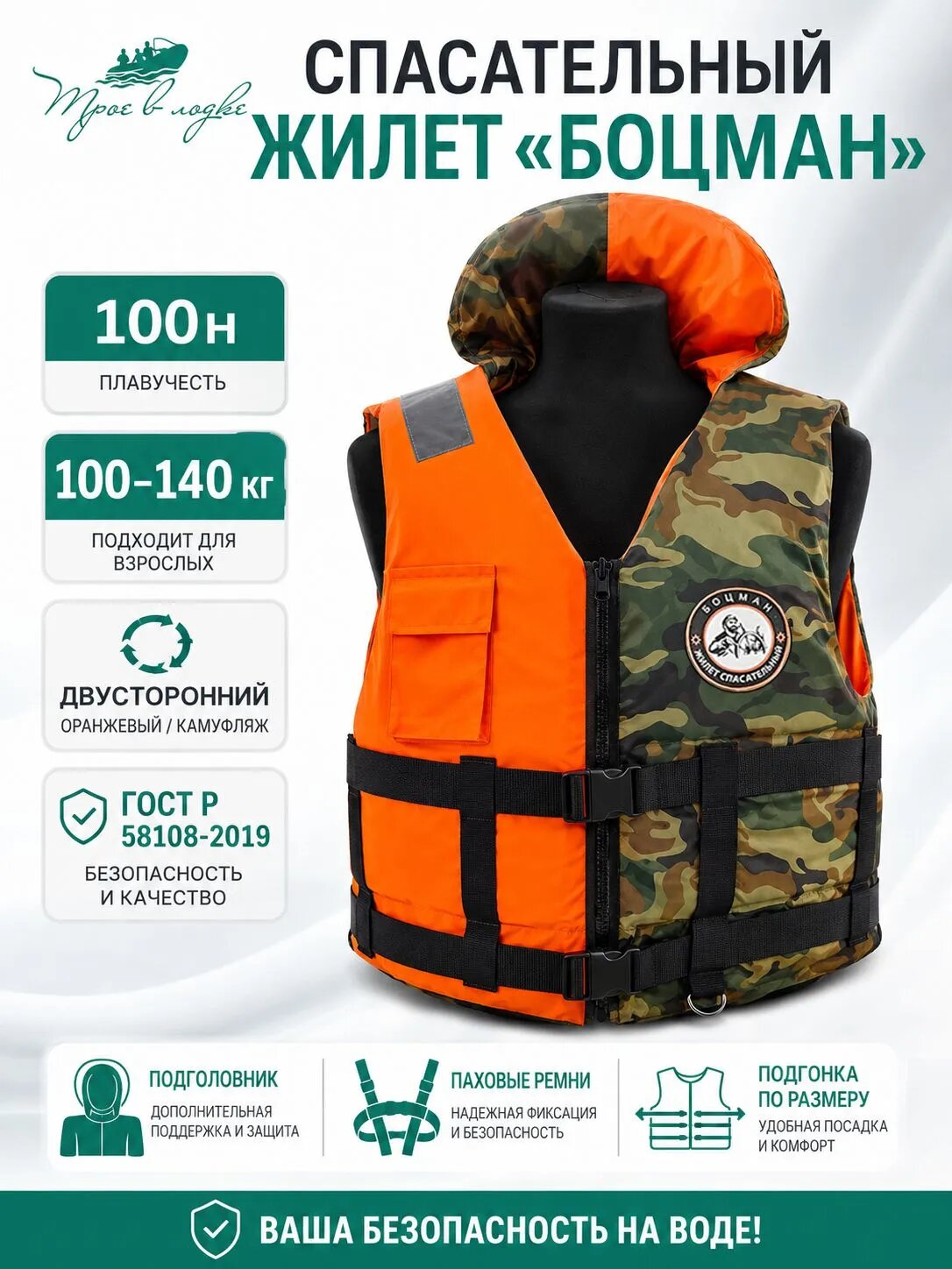 Спасательный жилет Боцман двусторонний, 100-140 кг, размер 56-64 (2XL-4XL), с подголовником и паховым ремнём