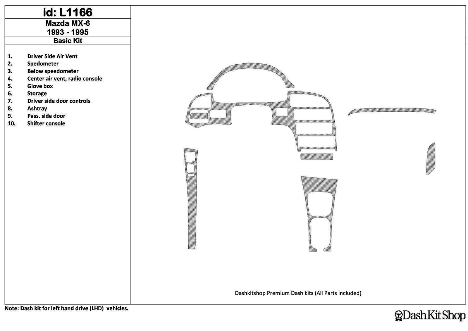 Декоративные накладки салона для Mazda MX-6 1993-1995. Комплект L1166.