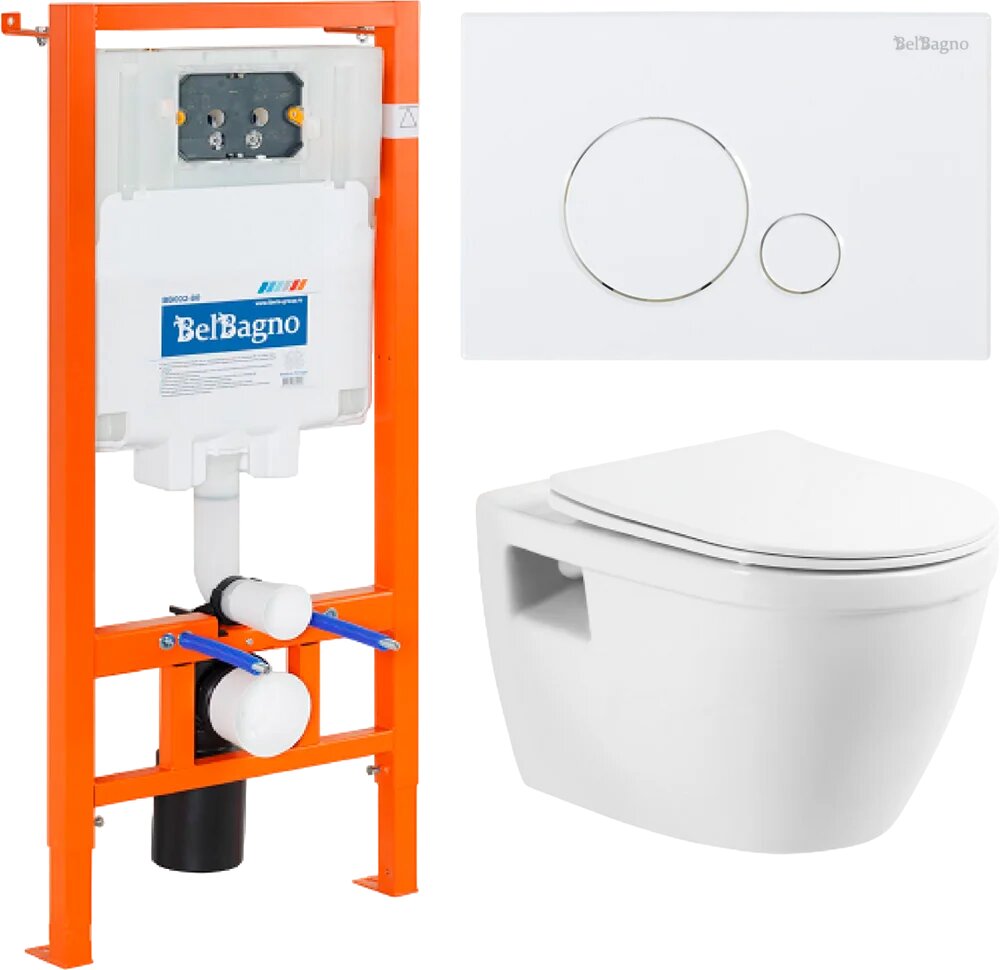Комплект Унитаз подвесной BelBagno Loto BB070CHR/SC безободковый, с микролифтом, инсталляция BB002-80 с кнопкой BB014-SR-BIANCO
