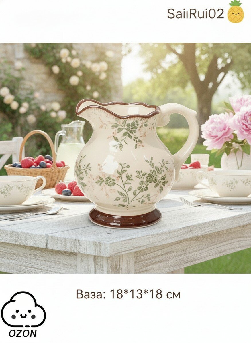 Ваза керамическая цветочная с рельефным узором, 18x13x18 см, высококачественная керамика, гладкая глазурь