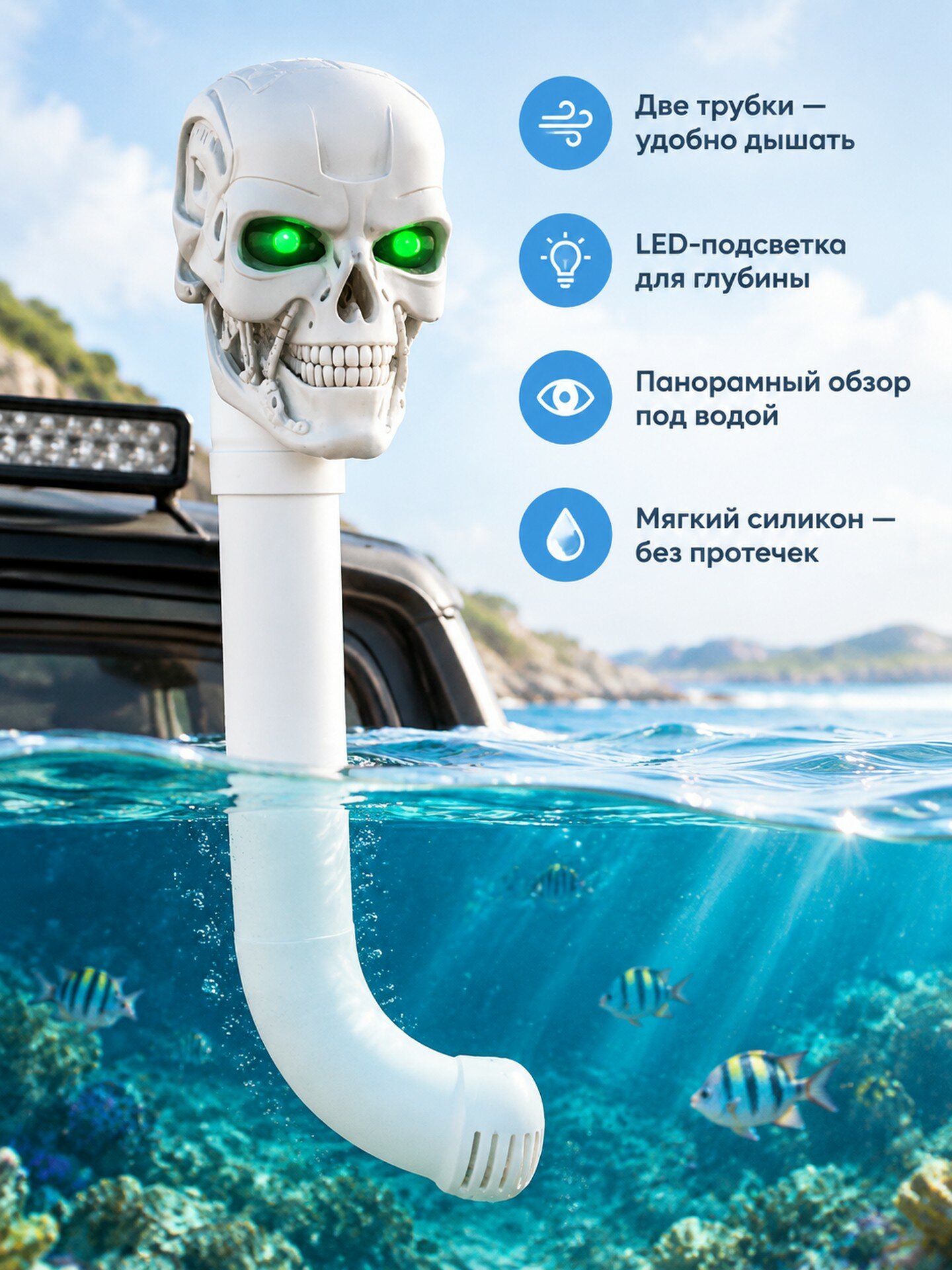 Двухтрубная маска для подводного плавания со встроенной LED-подсветкой, Терминатор белый