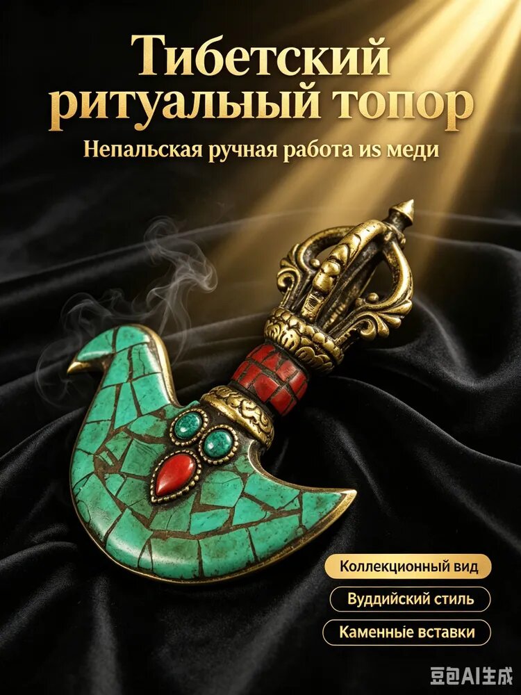 Ритуальный топорик Ваджра из чистой меди, дамару для буддийской практики, тибетский декоративный предмет ручной работы с полудрагоценными камнями