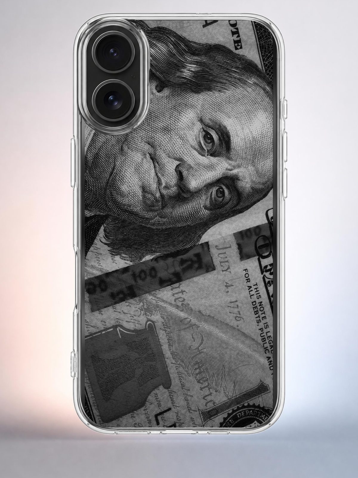 Прозрачный чехол на iPhone 16 мужчина на банкноте