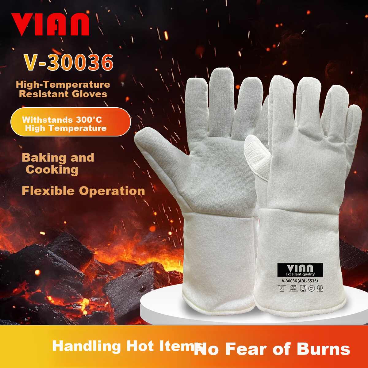 VIAN Пятипалые огнестойкие перчатки для сварки 300°C с высокой термостойкостью Цвет：V30036 Огнестойкие перчатки для