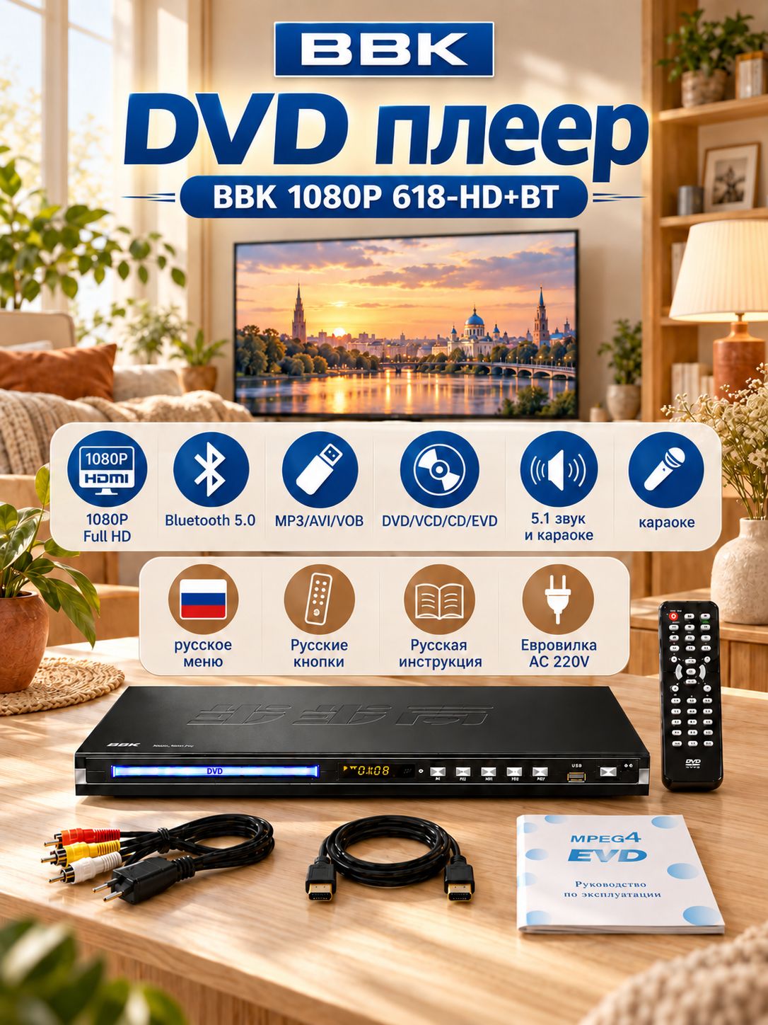 BBK dvd плеер 618-HD+BT, двд плеер c USB флешек и караоке Full HD 1080p, dvd плеер для телевизора с hdmi, Русский(Система, инструкция, кнопки)