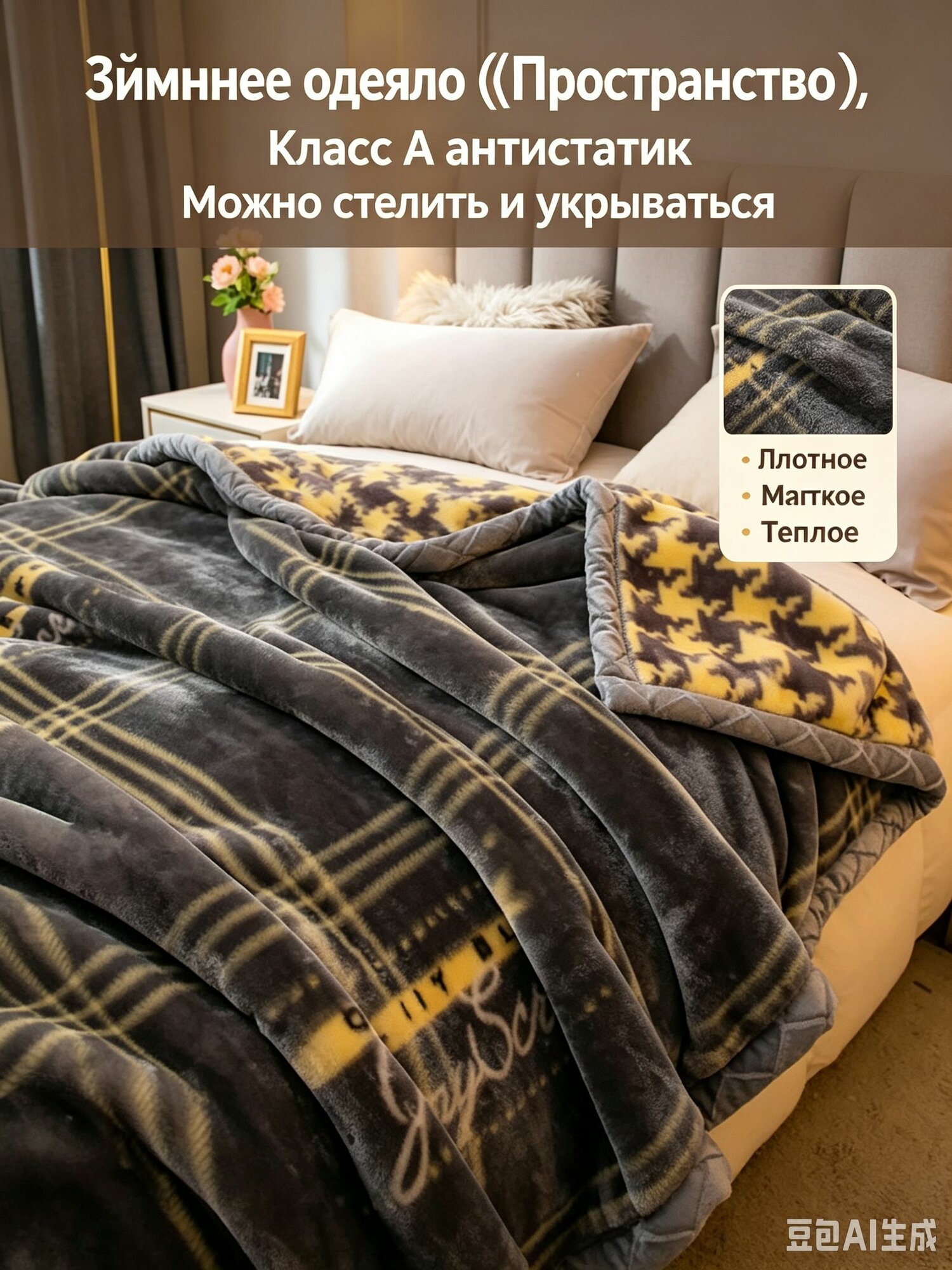 Плед 150x200.07 см полиэфирное волокно двусторонний, плюшевый буквы серый