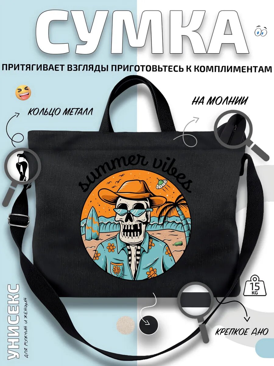 Сумка шоппер  Череп в шляпе море серф