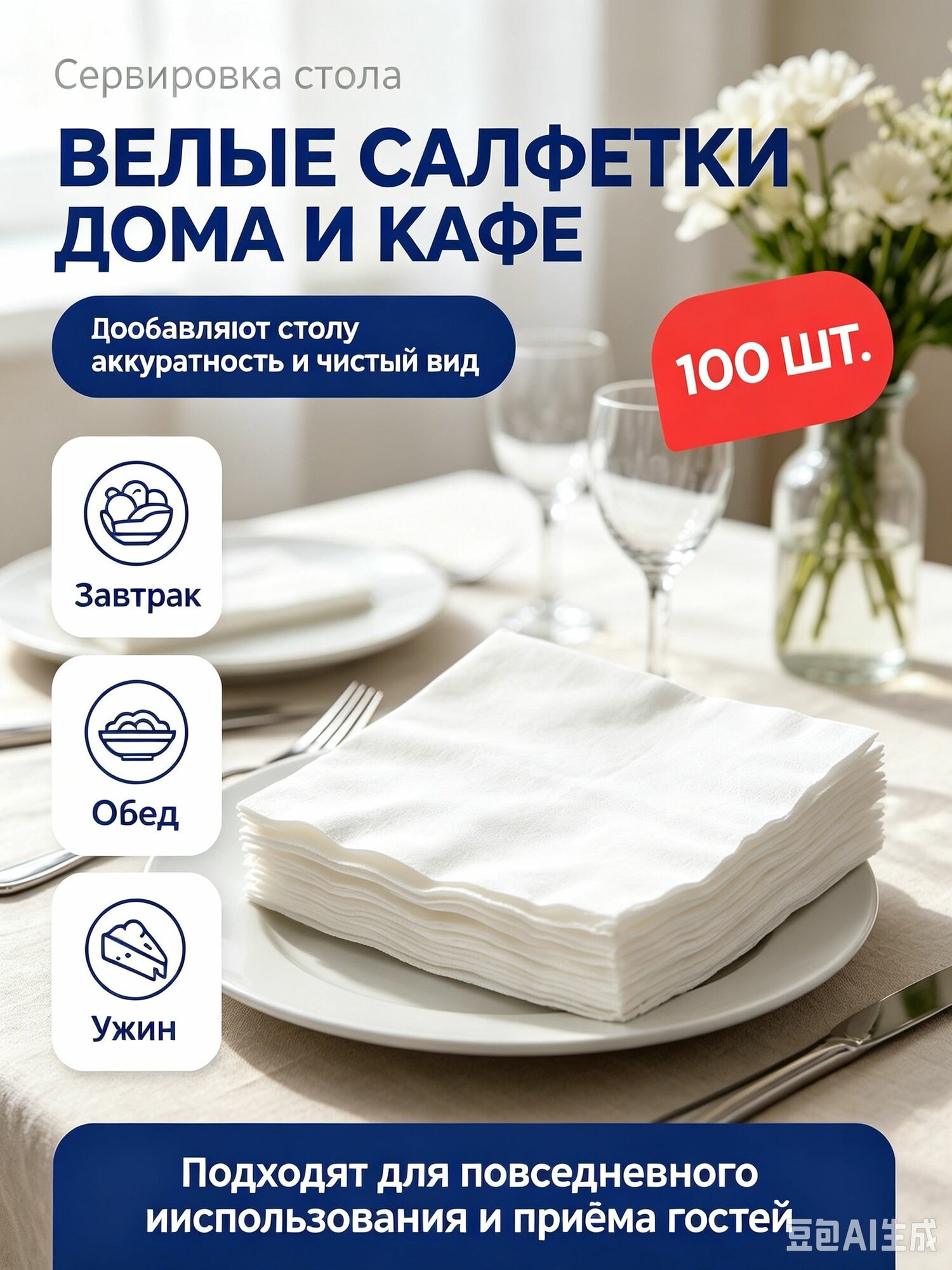 Салфетка одноразовая белая 60х40 см, комплект 100 шт, спанлейс, 40 г/м2, Чистовье