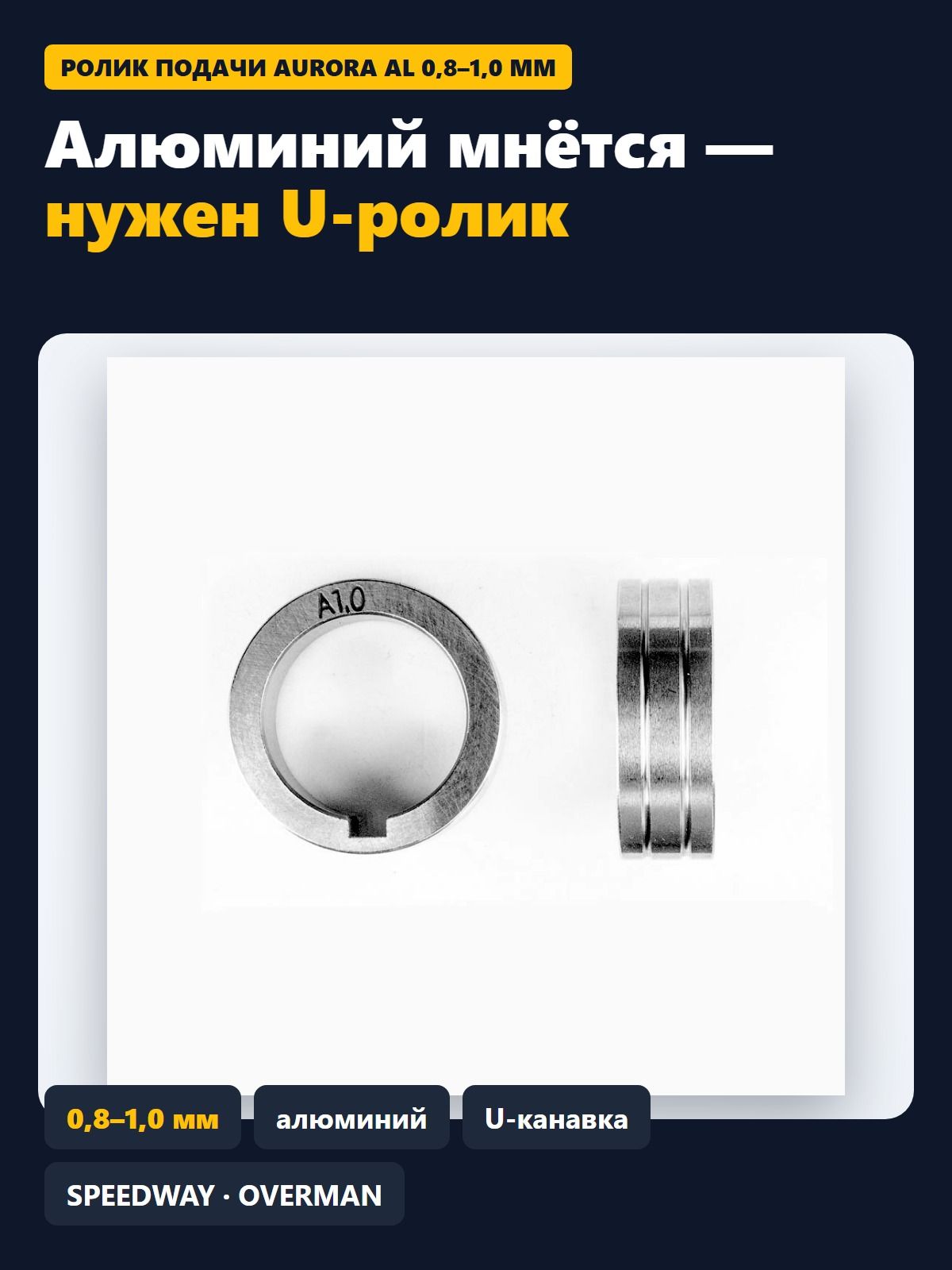 Ролик подающий для полуавтомата Aurora SPEEDWAY и OVERMAN, алюминиевая проволока 0,8-1,0 мм, U-канавка